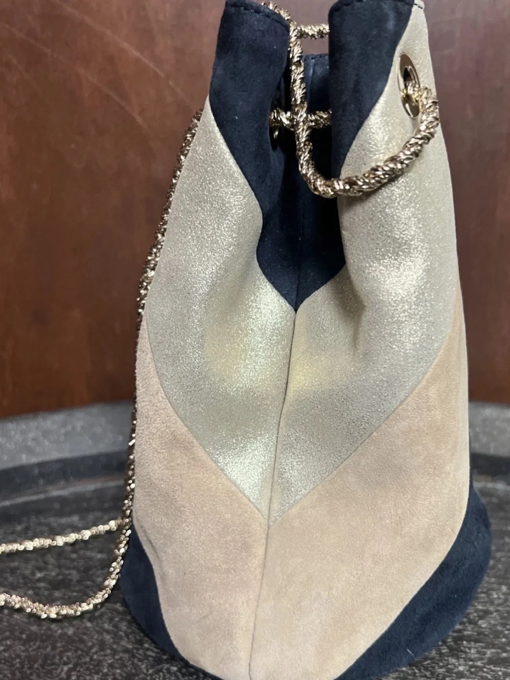 Bags | Sezane Hope Striped Soft Suede Bucket Bag Wgold Chain | Poshmark